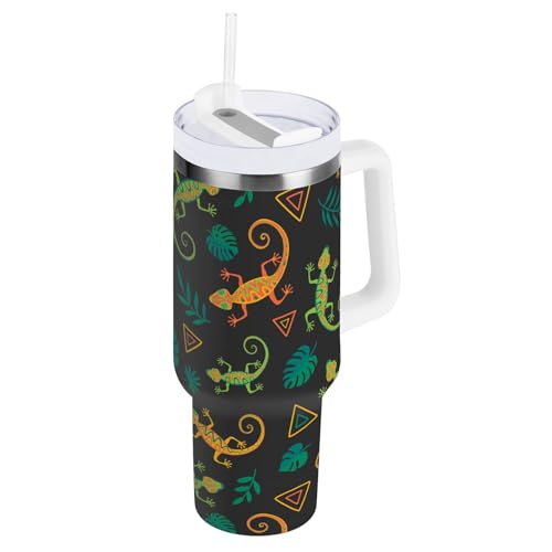 Caikeny Insulated Tumblers with Lid and Straw Tropical Lizards Leaves 40 oz Reusable Stainless Steel Cup Palm Leaf Water Bottle Coffee Travel Tumbler Mug for Women Men