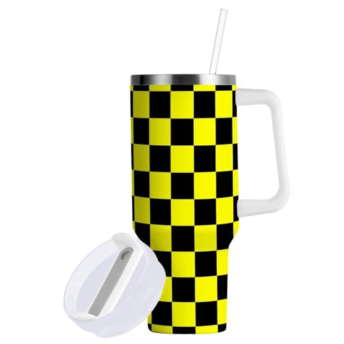 Caikeny Insulated Tumblers with Lid and Straw Checkerboard Yellow 40 oz Reusable Stainless Steel Cup Black Water Bottle Coffee Travel Tumbler Mug for Women Men