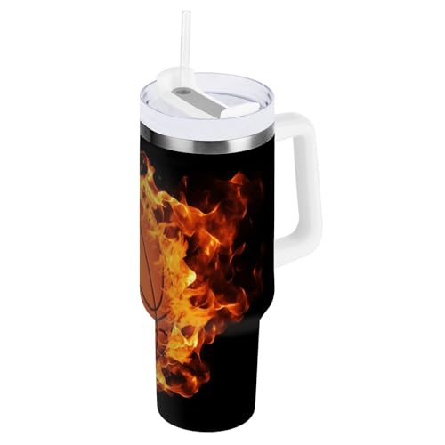 Caikeny Insulated Tumblers with Lid and Straw Basketball Sports 30 oz Reusable Stainless Steel Cup Water Fire Water Bottle Coffee Travel Tumbler Mug for Women Men
