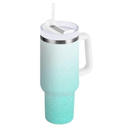 Caikeny Insulated Tumblers with Lid and Straw Blue Turquoise Teal Glitter 40 oz Reusable Stainless Steel Cup Water Bottle Coffee Travel Tumbler Mug for Women Men