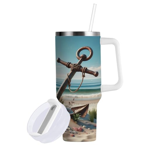 Burbuja Nautical Anchor Beach 40oz Insulated Tumblers with Handle and Straw Lid, Double Wall Stainless Steel Travel Mug Leak-Proof, BPA Free, Gift for Mom Dad