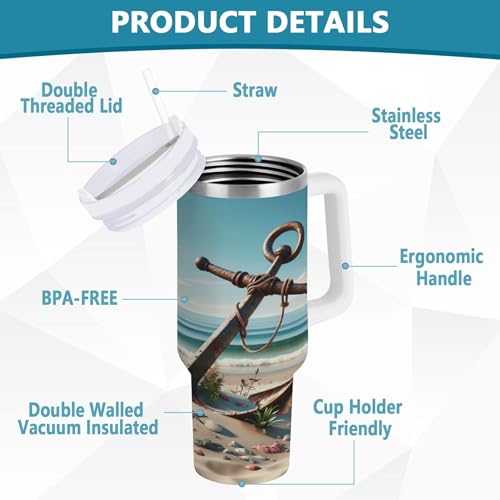 Burbuja Nautical Anchor Beach 40oz Insulated Tumblers with Handle and Straw Lid, Double Wall Stainless Steel Travel Mug Leak-Proof, BPA Free, Gift for Mom Dad