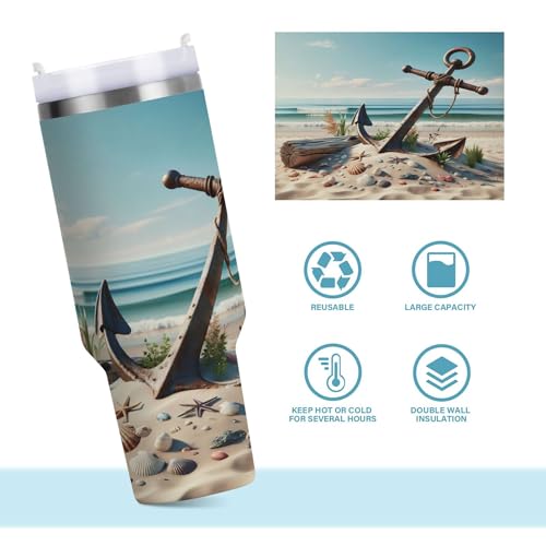 Burbuja Nautical Anchor Beach 40oz Insulated Tumblers with Handle and Straw Lid, Double Wall Stainless Steel Travel Mug Leak-Proof, BPA Free, Gift for Mom Dad