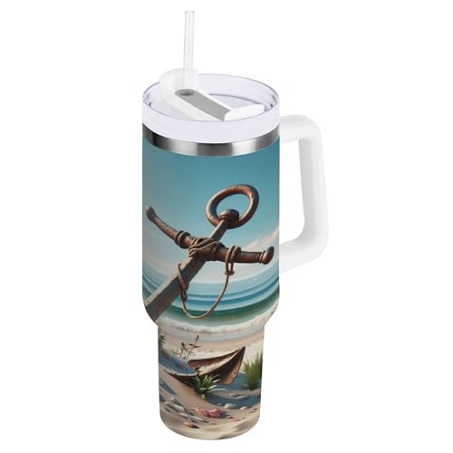 Burbuja Nautical Anchor Beach 40oz Insulated Tumblers with Handle and Straw Lid, Double Wall Stainless Steel Travel Mug Leak-Proof, BPA Free, Gift for Mom Dad