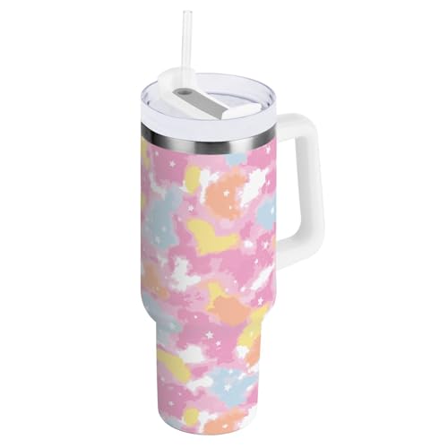 Caikeny Insulated Tumblers with Lid and Straw Tie Dye Pastel Colorful 30 oz Reusable Stainless Steel Cup Star Water Bottle Coffee Travel Tumbler Mug for Women Men