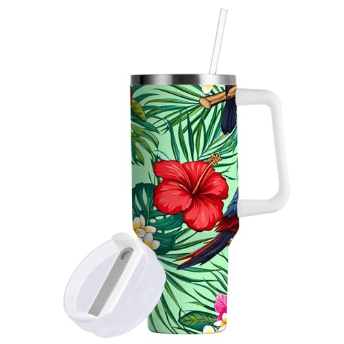 Burbuja Toucans Hibiscus 40oz Insulated Tumblers with Handle and Straw Lid, Double Wall Stainless Steel Travel Mug Leak-Proof, BPA Free, Gift for Mom Dad