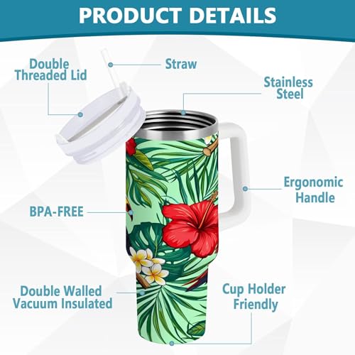 Burbuja Toucans Hibiscus 40oz Insulated Tumblers with Handle and Straw Lid, Double Wall Stainless Steel Travel Mug Leak-Proof, BPA Free, Gift for Mom Dad