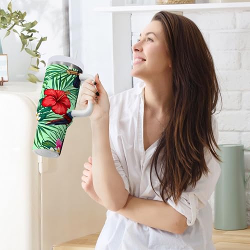Burbuja Toucans Hibiscus 40oz Insulated Tumblers with Handle and Straw Lid, Double Wall Stainless Steel Travel Mug Leak-Proof, BPA Free, Gift for Mom Dad