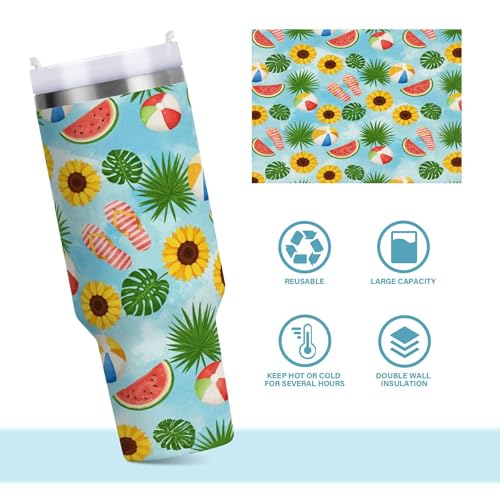 Burbuja Summer Pattern 40oz Insulated Tumblers with Handle and Straw Lid, Double Wall Stainless Steel Travel Mug Leak-Proof, BPA Free, Gift for Mom Dad