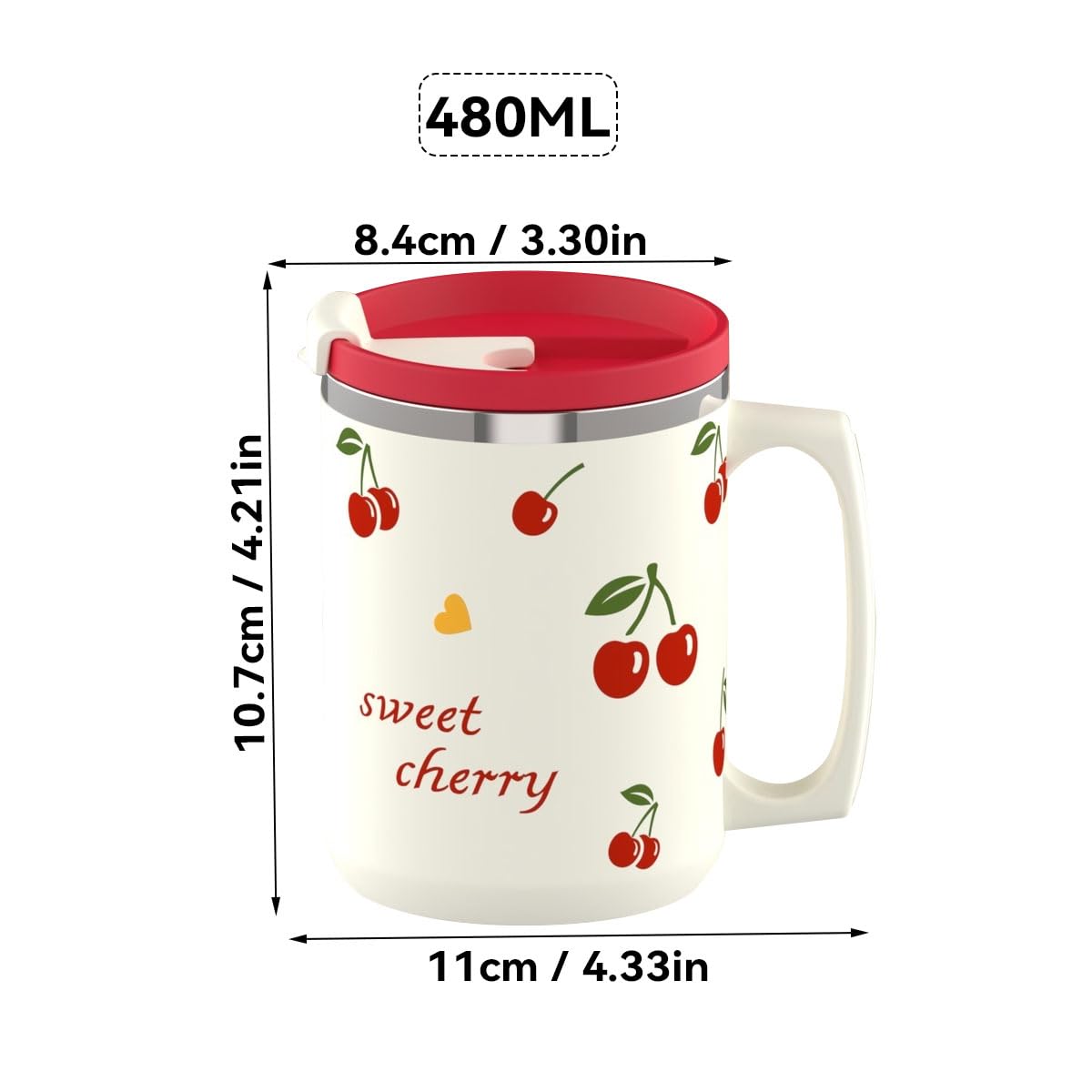 Maiyuansu Cherry Print Stainless Steel Tumbler with Handle Insulated Coffee Cup with Hadle and Lid Portable Travel Mug Water Bottle Double Wall Insulation