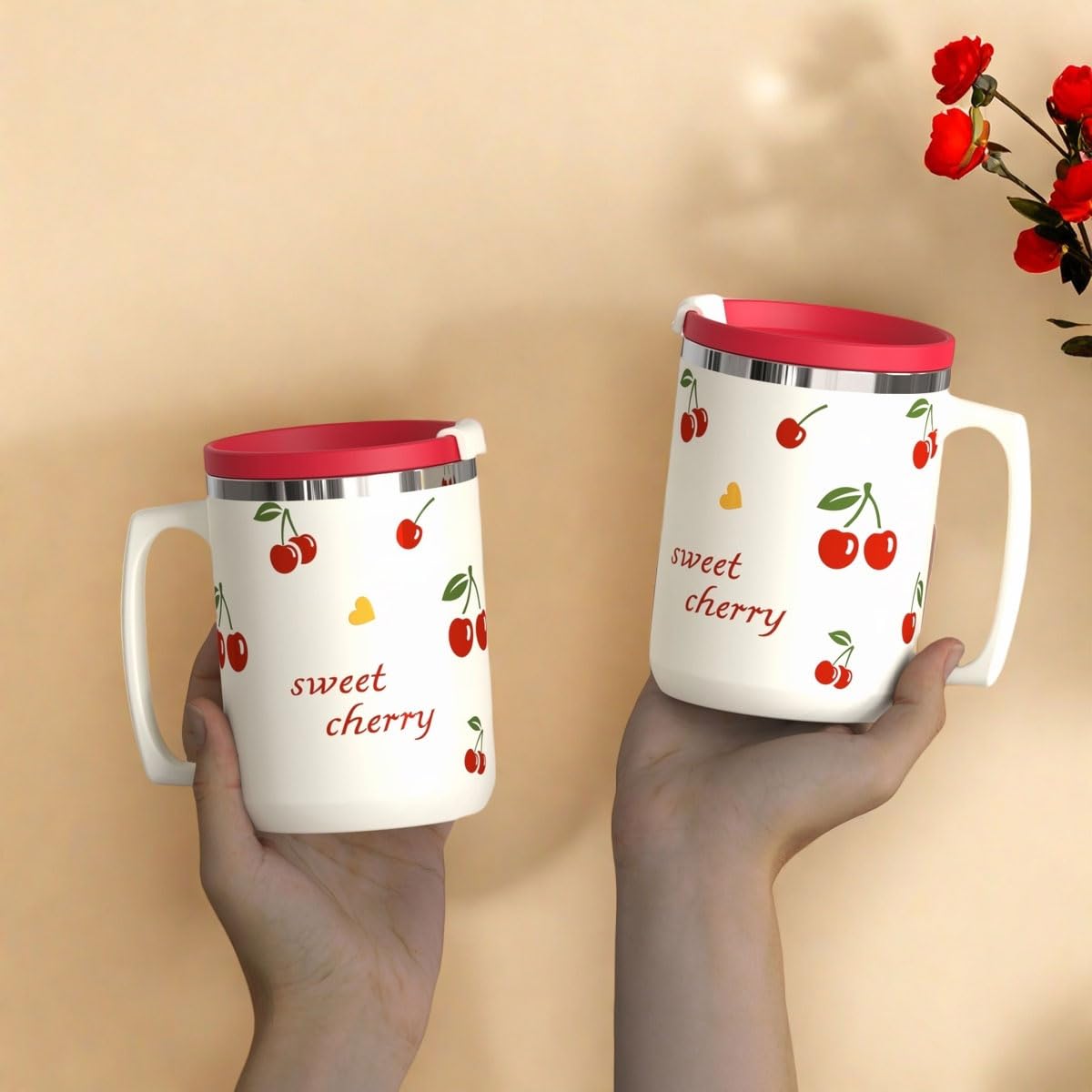 Maiyuansu Cherry Print Stainless Steel Tumbler with Handle Insulated Coffee Cup with Hadle and Lid Portable Travel Mug Water Bottle Double Wall Insulation