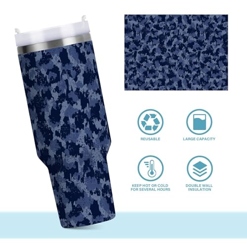 Caikeny Insulated Tumblers with Lid and Straw Green Camouflage 40 oz Reusable Stainless Steel Cup Blue Water Bottle Coffee Travel Tumbler Mug for Women Men