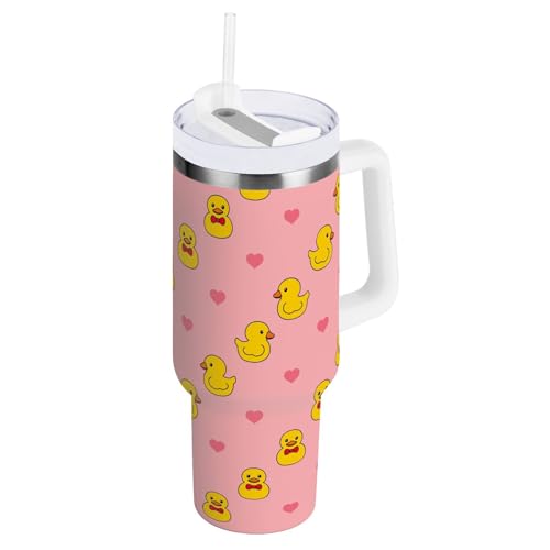 Caikeny Insulated Tumblers with Lid and Straw Ducks Hearts 30 oz Reusable Stainless Steel Cup Yellow Water Bottle Coffee Travel Tumbler Mug for Women Men