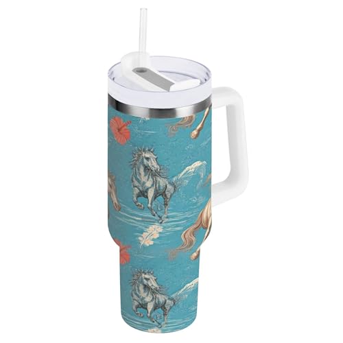 Burbuja Running Horses Hibiscus 40oz Insulated Tumblers with Handle and Straw Lid, Double Wall Stainless Steel Travel Mug Leak-Proof, BPA Free, Gift for Mom Dad