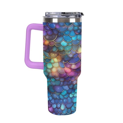 Mermaidess Dragon Scales 40 Oz Car Cup Stainless Steel Travel Mug Leak-Proof Insulated Tumbler with Handle Violet-style