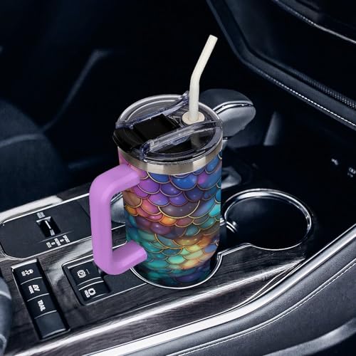 Mermaidess Dragon Scales 40 Oz Car Cup Stainless Steel Travel Mug Leak-Proof Insulated Tumbler with Handle Violet-style