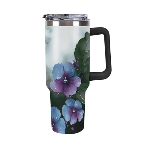 40 Oz Tumbler with Handle Blue Purple Flowers And Green Leaves Stainless Steel Coffee Mug Reusable Travel Mug Leak-proof Insulated Car Cup Large Capacity Tumbler for Travel, Outdoor, Home Use (Black)
