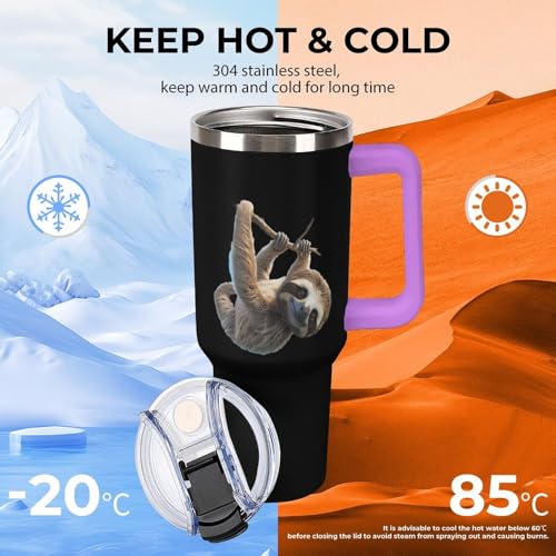 Sloth 40 Oz Car Cup Stainless Steel Travel Mug Leak-Proof Insulated Tumbler with Handle Violet-style