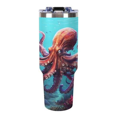Octopus 40 Oz Car Cup Stainless Steel Travel Mug Leak-Proof Insulated Tumbler with Handle Light Rose Red-style