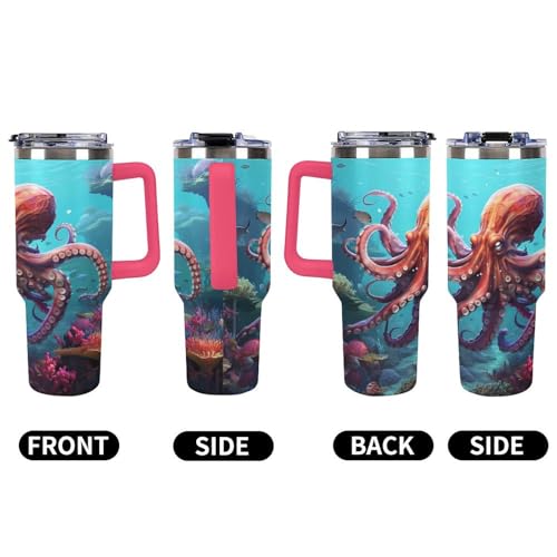 Octopus 40 Oz Car Cup Stainless Steel Travel Mug Leak-Proof Insulated Tumbler with Handle Light Rose Red-style