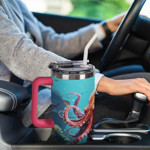 Octopus 40 Oz Car Cup Stainless Steel Travel Mug Leak-Proof Insulated Tumbler with Handle Light Rose Red-style