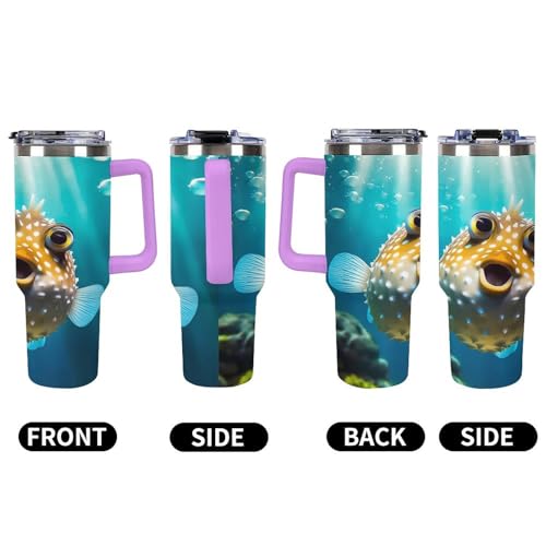 Cute Puffer Fish 40 Oz Car Cup Stainless Steel Travel Mug Leak-Proof Insulated Tumbler with Handle Violet-style