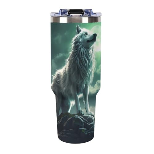 Wolf Full Moon 40 Oz Car Cup Stainless Steel Travel Mug Leak-Proof Insulated Tumbler with Handle Light Rose Red-style