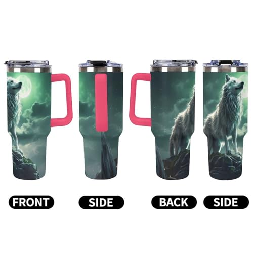 Wolf Full Moon 40 Oz Car Cup Stainless Steel Travel Mug Leak-Proof Insulated Tumbler with Handle Light Rose Red-style