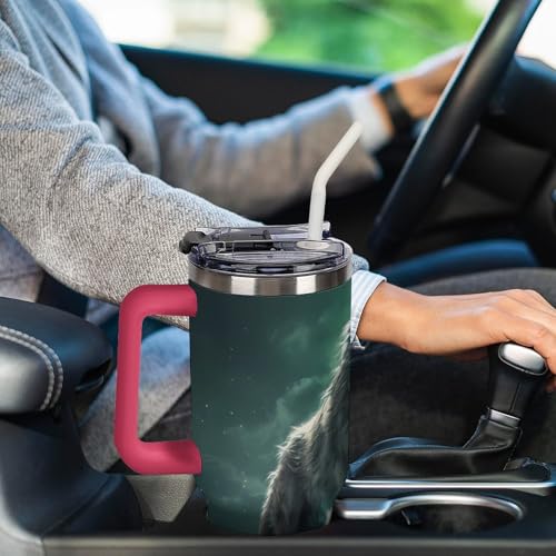 Wolf Full Moon 40 Oz Car Cup Stainless Steel Travel Mug Leak-Proof Insulated Tumbler with Handle Light Rose Red-style