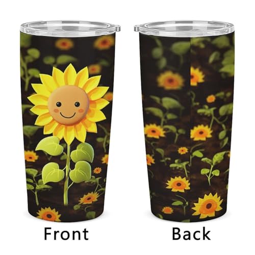 FHENMSA Stainless Steel Insulated Travel Coffee Mug,Cute Sunflower Print Reusable Car Cup,Thermal Cup for Outdoor with Straw And Lid