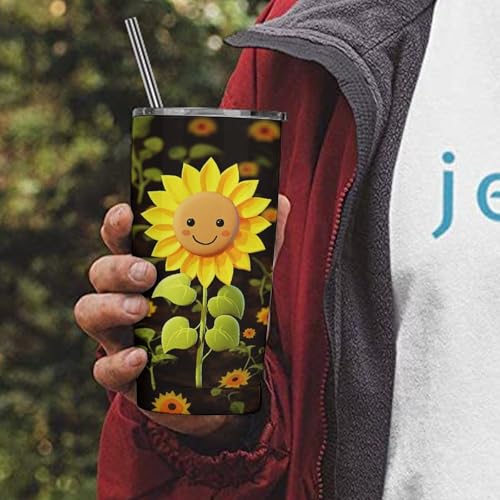 FHENMSA Stainless Steel Insulated Travel Coffee Mug,Cute Sunflower Print Reusable Car Cup,Thermal Cup for Outdoor with Straw And Lid