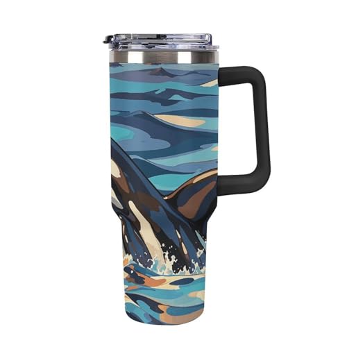 STVNKML 40 Oz Tumbler with Handle Orca Killer Whale Print Stainless Steel Coffee Mug Reusable Travel Mug Leak-proof Insulated Car Cup Large Capacity Tumbler for Travel, Outdoor, Home Use (Black)