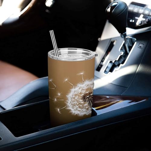 FHENMSA Stainless Steel Insulated Travel Coffee Mug,Blown Dandelion Blossom Print Reusable Car Cup,Thermal Cup for Outdoor with Straw And Lid