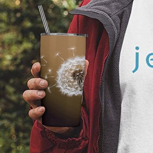 FHENMSA Stainless Steel Insulated Travel Coffee Mug,Blown Dandelion Blossom Print Reusable Car Cup,Thermal Cup for Outdoor with Straw And Lid