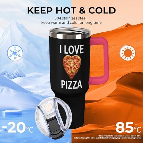 I Love Pizza 40 Oz Car Cup Stainless Steel Travel Mug Leak-Proof Insulated Tumbler with Handle Light Rose Red-style