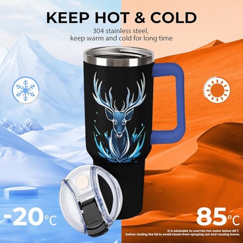 Watercolor Deer 40 Oz Car Cup Stainless Steel Travel Mug Leak-Proof Insulated Tumbler with Handle Deep Blue-style