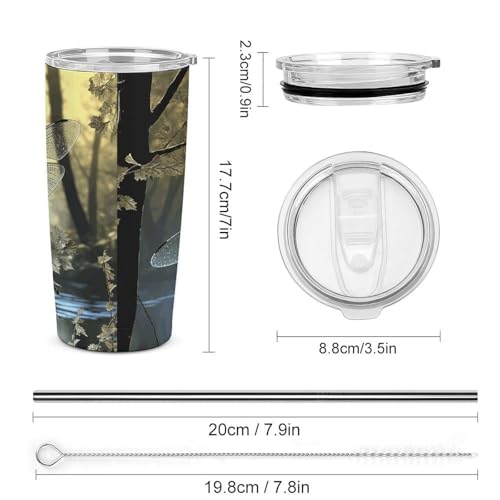FHENMSA Stainless Steel Insulated Travel Coffee Mug,Dragonflies Print Reusable Car Cup,Thermal Cup for Outdoor with Straw And Lid