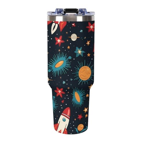 Cartoon Rockets 40 Oz Car Cup Stainless Steel Travel Mug Leak-Proof Insulated Tumbler with Handle Light Rose Red-style