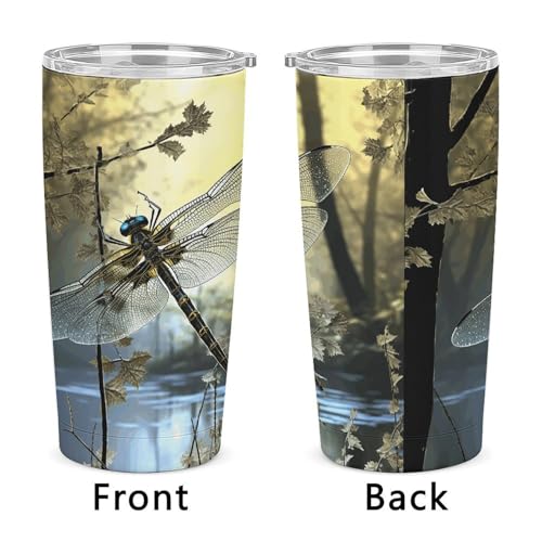 FHENMSA Stainless Steel Insulated Travel Coffee Mug,Dragonflies Print Reusable Car Cup,Thermal Cup for Outdoor with Straw And Lid