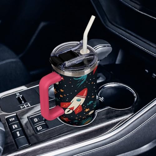 Cartoon Rockets 40 Oz Car Cup Stainless Steel Travel Mug Leak-Proof Insulated Tumbler with Handle Light Rose Red-style