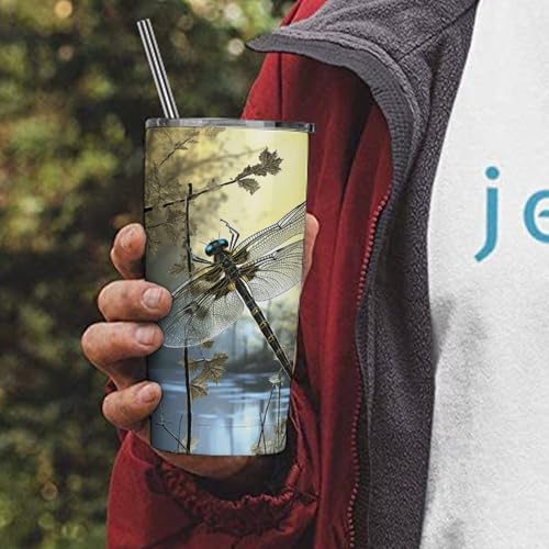 FHENMSA Stainless Steel Insulated Travel Coffee Mug,Dragonflies Print Reusable Car Cup,Thermal Cup for Outdoor with Straw And Lid