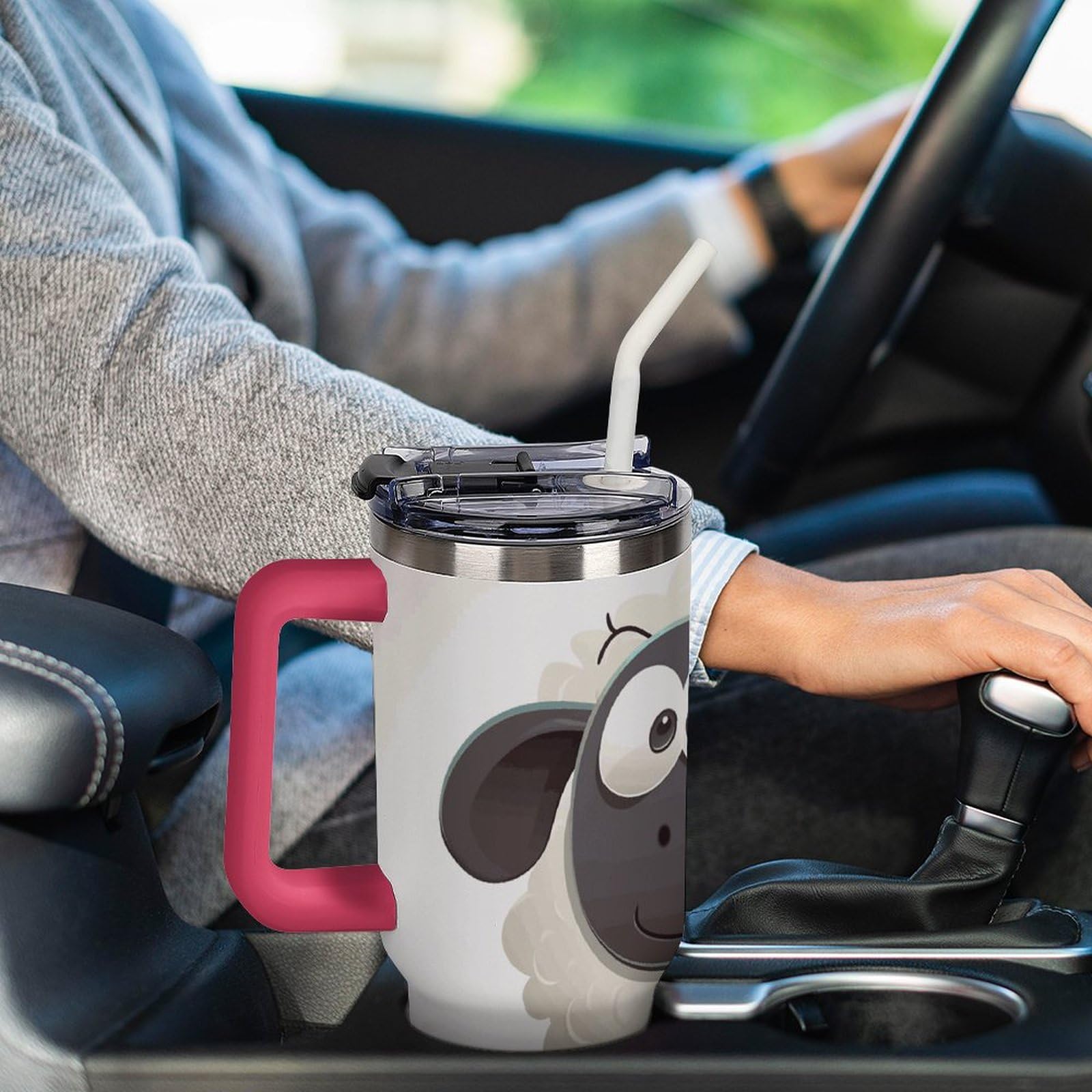 LLUTSNTH 40 Oz Vacuum Tumbler with Light Rose Red Handle Leakproof Insulated Tumbler Sheep Stainless Steel Travel Mug with Lid And Straw Coffee Cup Cute Water Bottles Cup Holder Friendly