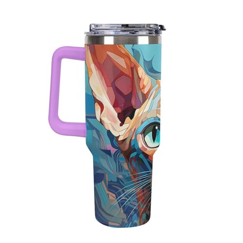 Sphynxs Cat Print 40 Oz Car Cup Stainless Steel Travel Mug Leak-Proof Insulated Tumbler with Handle Violet-style