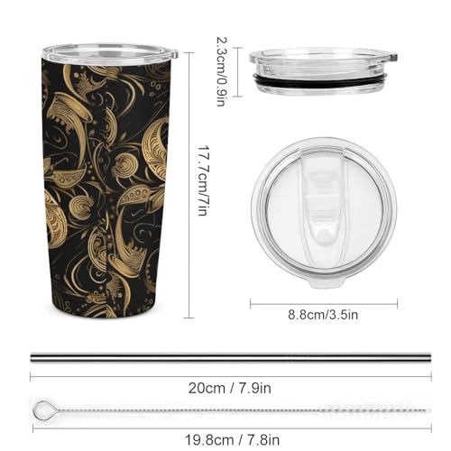 FHENMSA Stainless Steel Insulated Travel Coffee Mug,Black And Golden Pattern Print Reusable Car Cup,Thermal Cup for Outdoor with Straw And Lid