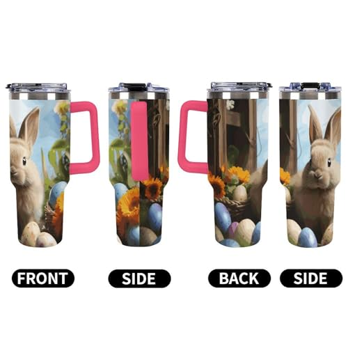 40 Oz Vacuum Tumbler with Light Rose Red Handle Leakproof Insulated Tumbler Easter Rabbit And Easter Eggs Stainless Steel Travel Mug with Lid And Straw Coffee Cup Cute Water Bottles Cup Holder Friendl