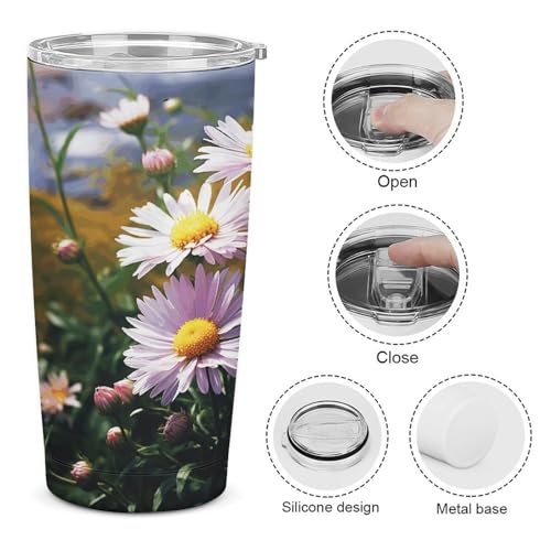 FHENMSA Stainless Steel Insulated Travel Coffee Mug,Daisy Plants Print Reusable Car Cup,Thermal Cup for Outdoor with Straw And Lid