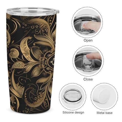 FHENMSA Stainless Steel Insulated Travel Coffee Mug,Black And Golden Pattern Print Reusable Car Cup,Thermal Cup for Outdoor with Straw And Lid