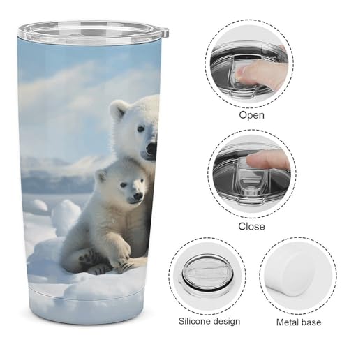 FHENMSA Stainless Steel Insulated Travel Coffee Mug,Cute Polar Bear Print Reusable Car Cup,Thermal Cup for Outdoor with Straw And Lid