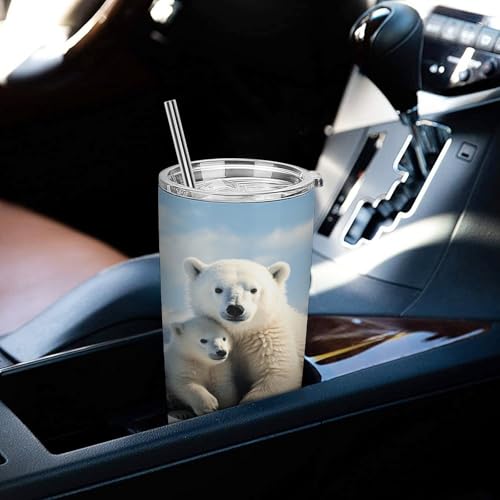 FHENMSA Stainless Steel Insulated Travel Coffee Mug,Cute Polar Bear Print Reusable Car Cup,Thermal Cup for Outdoor with Straw And Lid