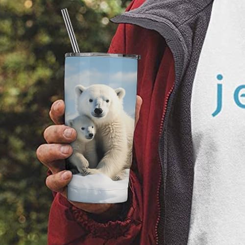 FHENMSA Stainless Steel Insulated Travel Coffee Mug,Cute Polar Bear Print Reusable Car Cup,Thermal Cup for Outdoor with Straw And Lid